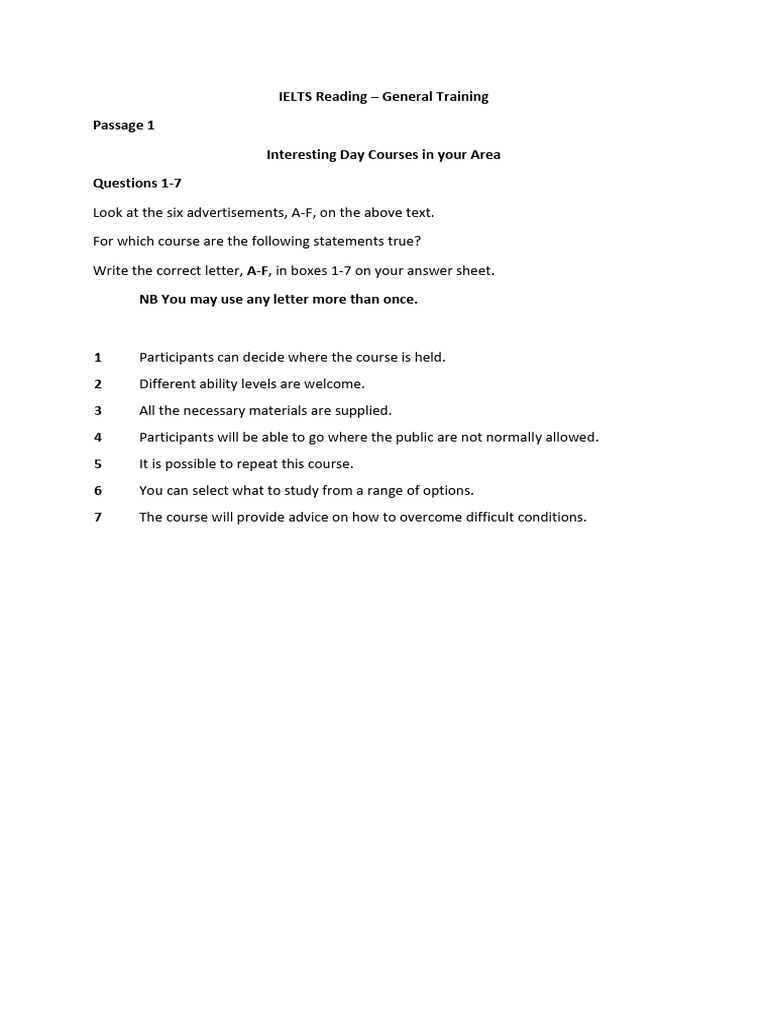 Reading - General Training - Questions | PDF | Parachuting