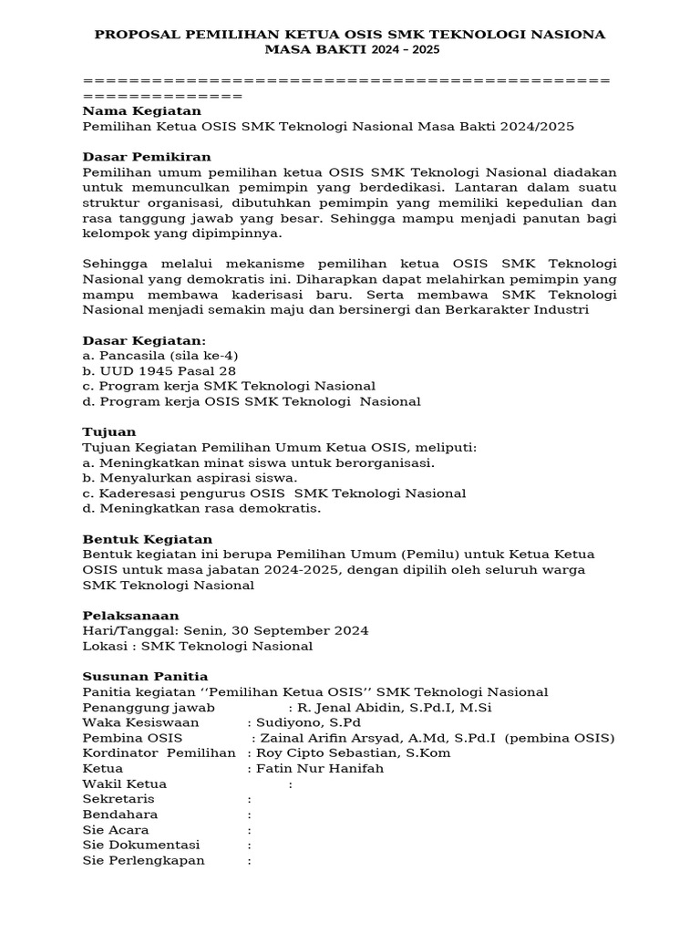 Proposal Pemilihan Ketua Osis SMK Teknas Masa Bakti 202 - 2025 | PDF