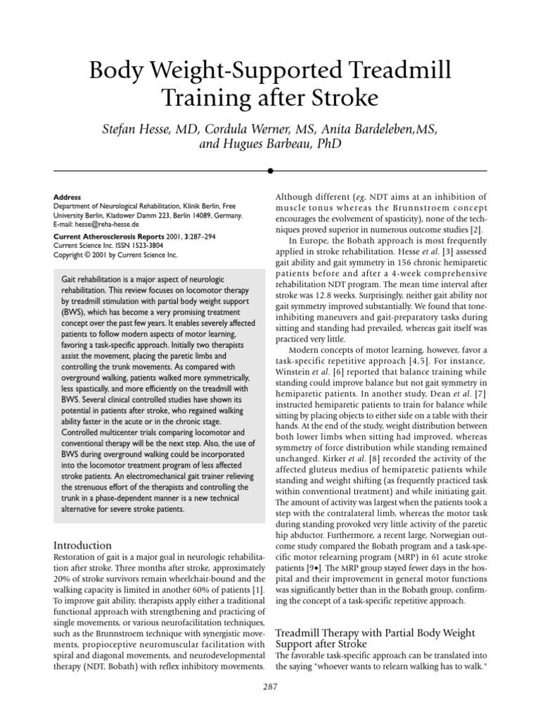 2001 Body Weight-Supported Treadmill Training After Stroke (Review 110) | PDF | Physical Therapy ...