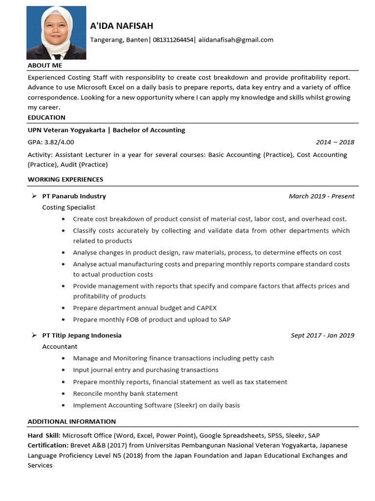 Costing Specialist Resume - Aida Nafisah | PDF