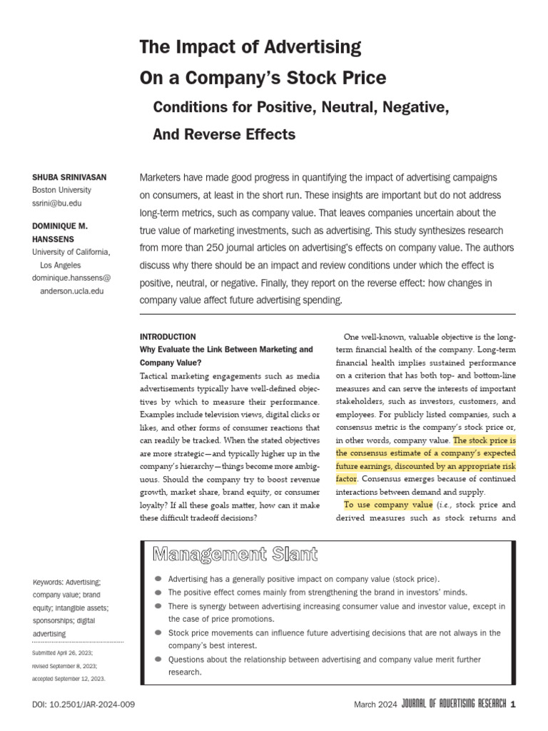 Advertising's Impact on Stock Price | PDF | Stocks | Brand