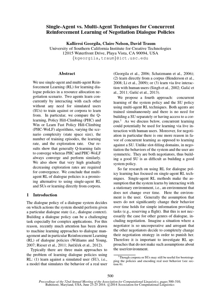 Single-Agent vs. Multi-Agent Techniques For Concurrent Reinforcement ...