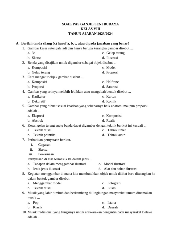Soal PAS Ganjil Seni Budaya Kelas VIII - 2023.2024 | PDF