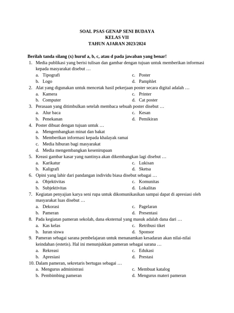 Soal Psas Genap Seni Budaya (Vii) - 2023.2024 | PDF