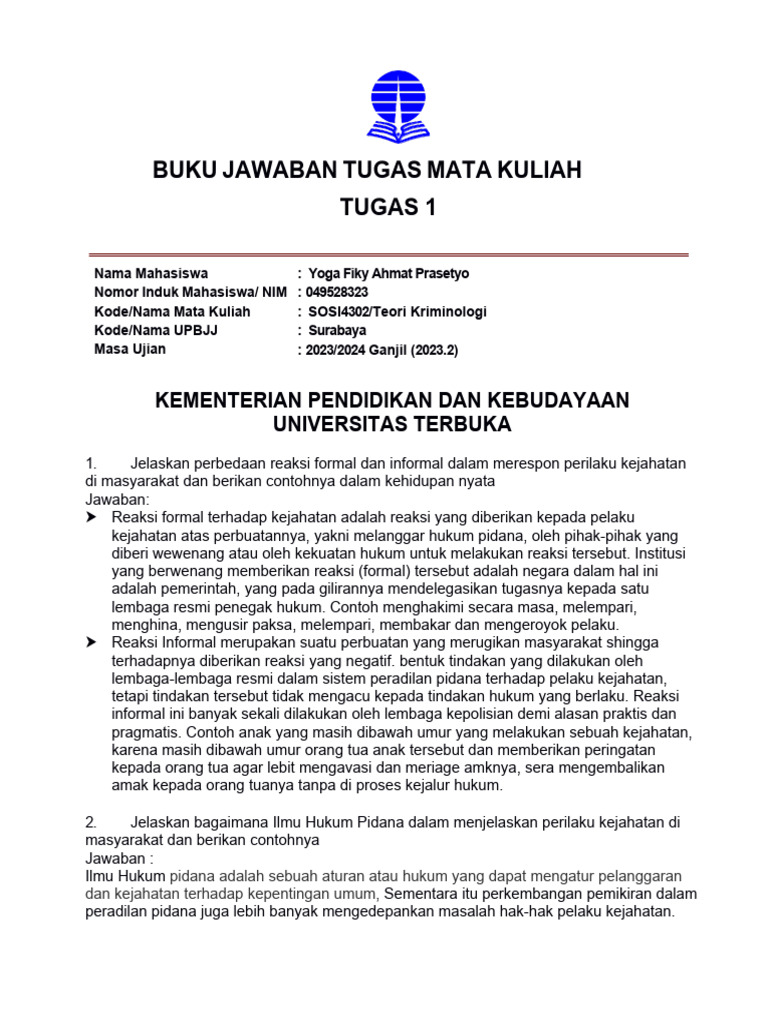 BJT Tugas1 Teori Kriminologi 1 | PDF