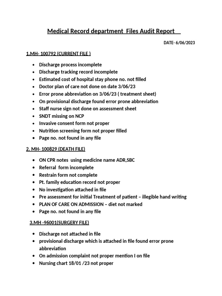 Medical Record Audit Findings Report | PDF | Patient | Medical Record