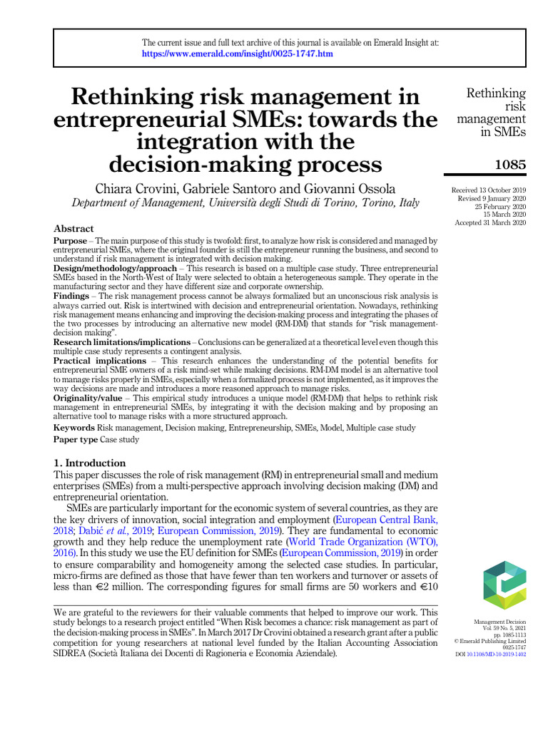 Rethinking Risk Management in SMEs | PDF | Risk | Decision Making