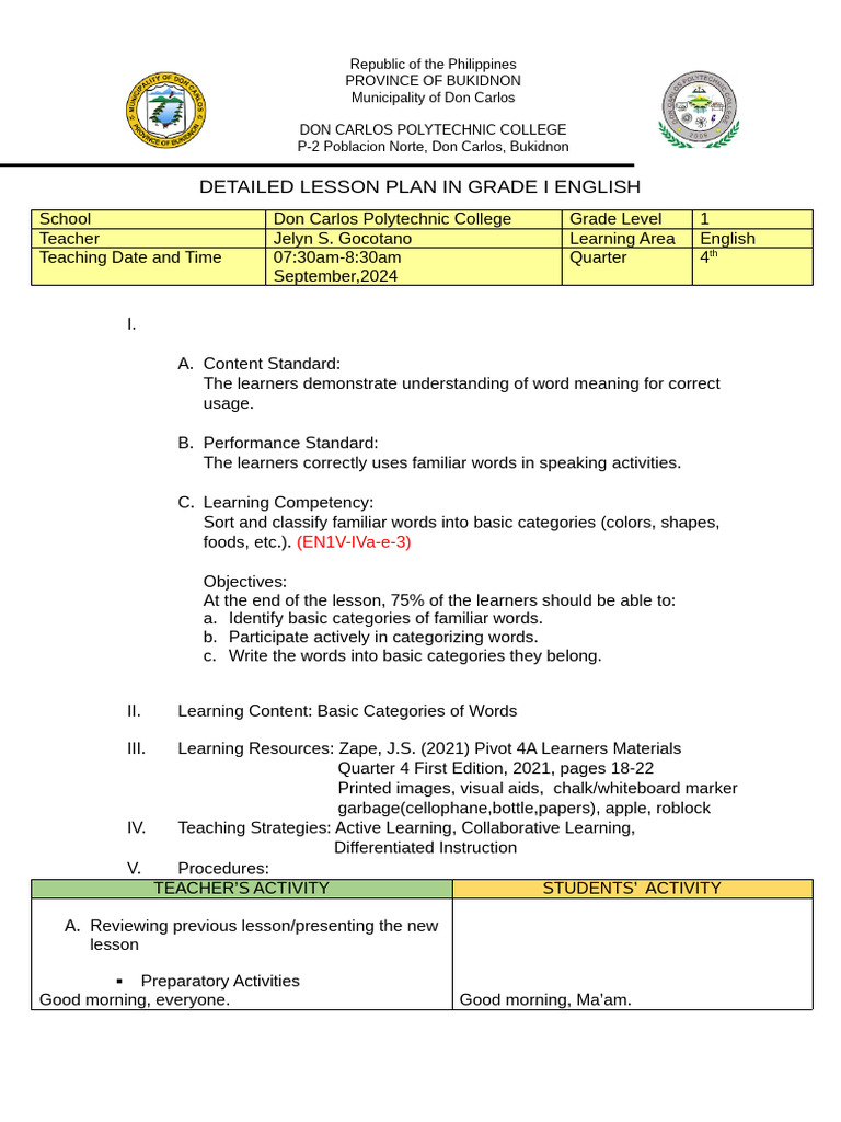 Grade 1 English Lesson Plan: Word Categories | PDF | Learning | Lesson Plan