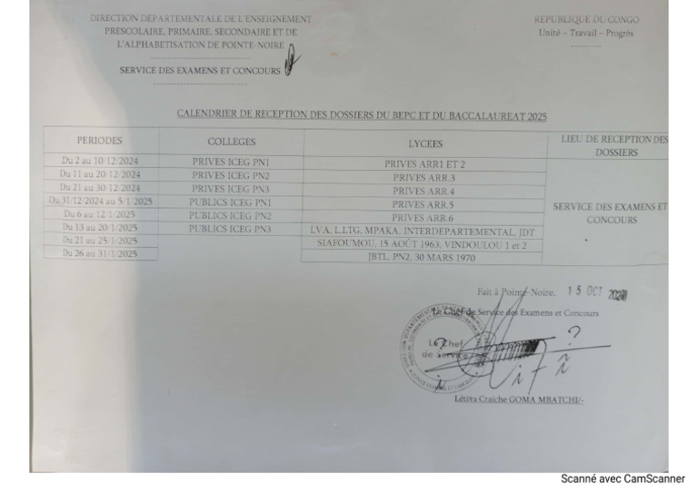 Calendrier de Réception Des Dossiers Du BEPC Et BAC 2025 | PDF
