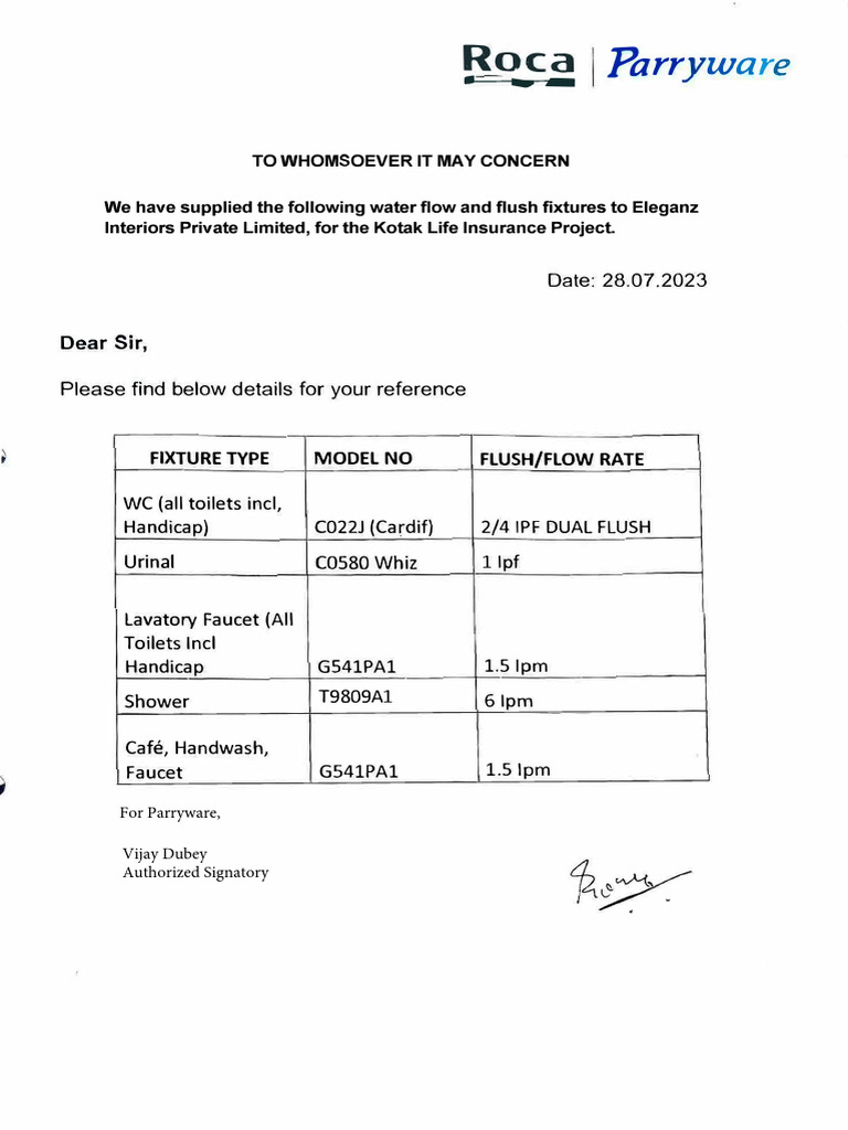 Roca Parryware Fixture Specifications | PDF