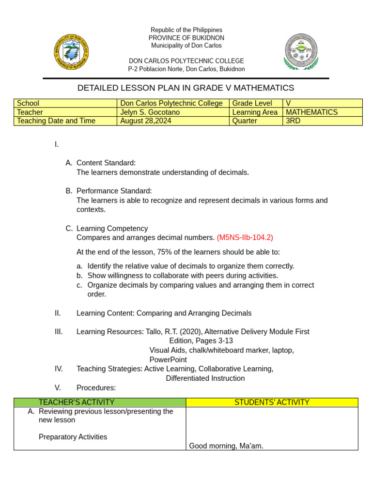 Detailed Lesson Plan in Math 5 | PDF | Learning | Lesson Plan