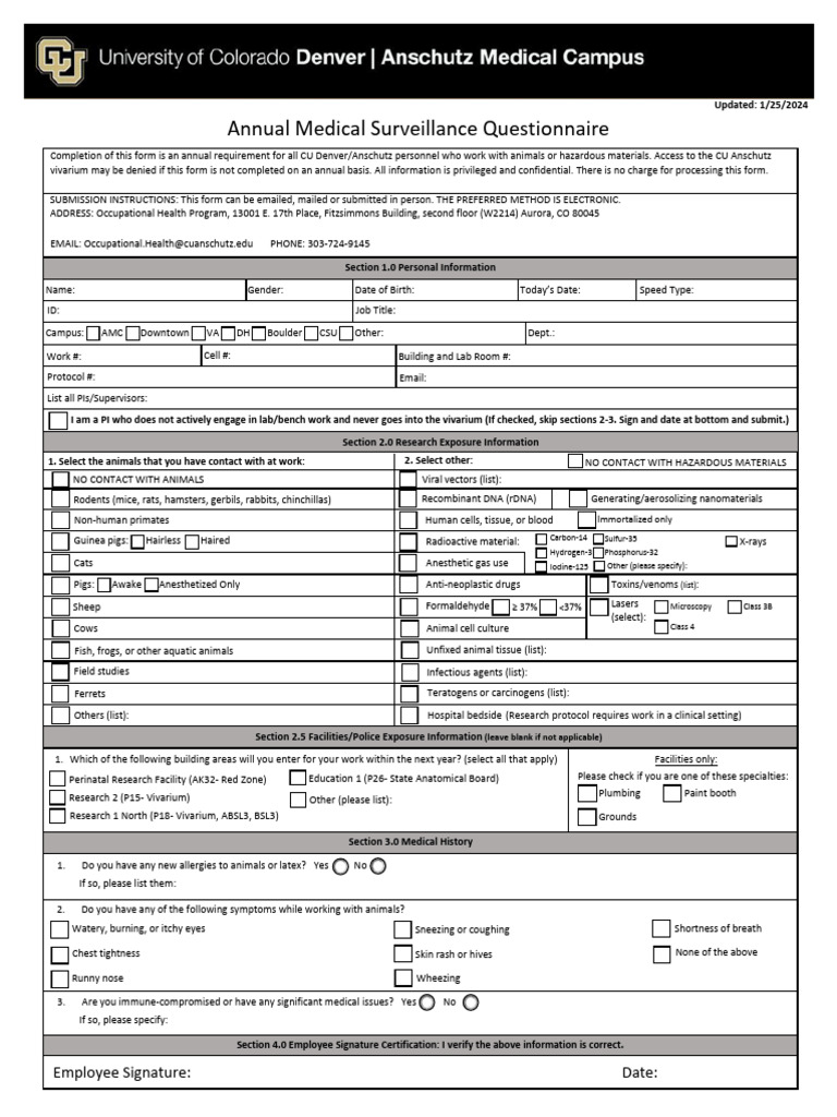 Annual Medical Surveillance Questionnaire | PDF