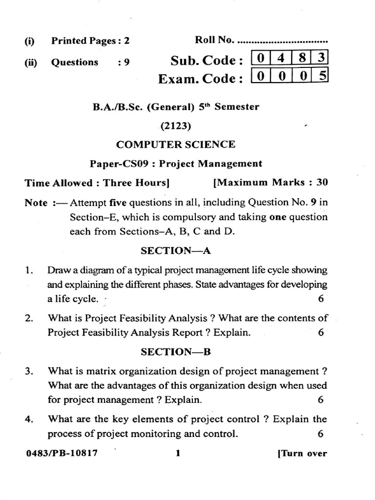 BA BSC General 5th Sem Computer Science CS09 Project Management December 2023 | PDF