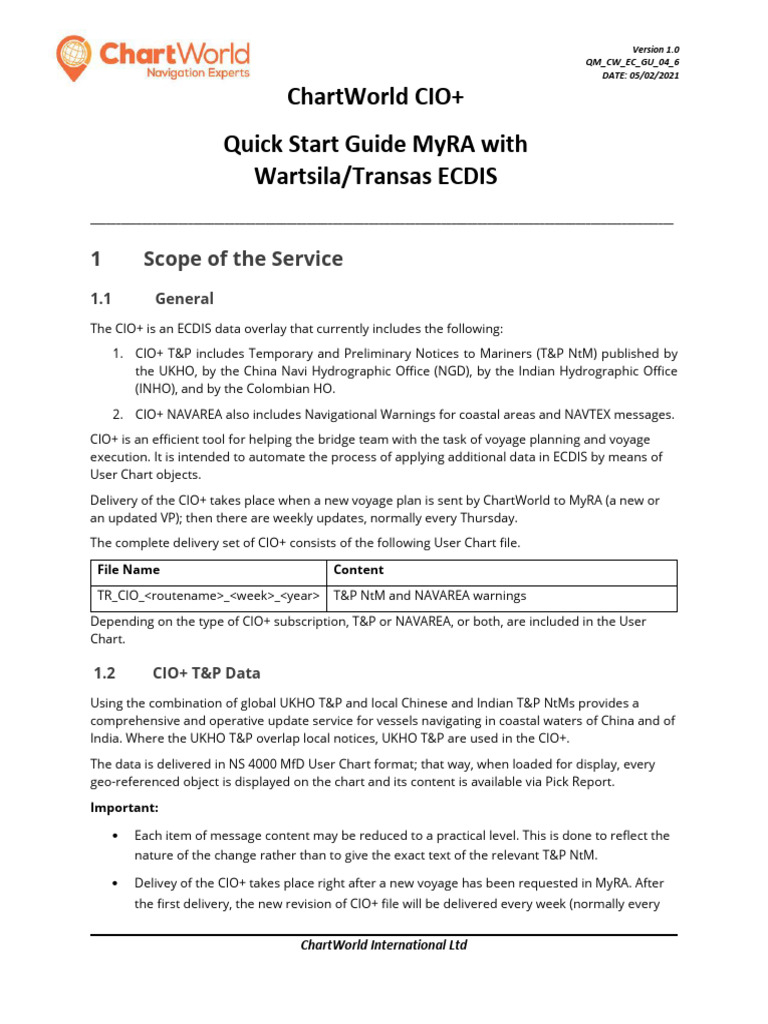 ChartWorld CIO+ Quick Start Guide For Wartsila - Transas - MyRA | PDF | Computer File | Databases