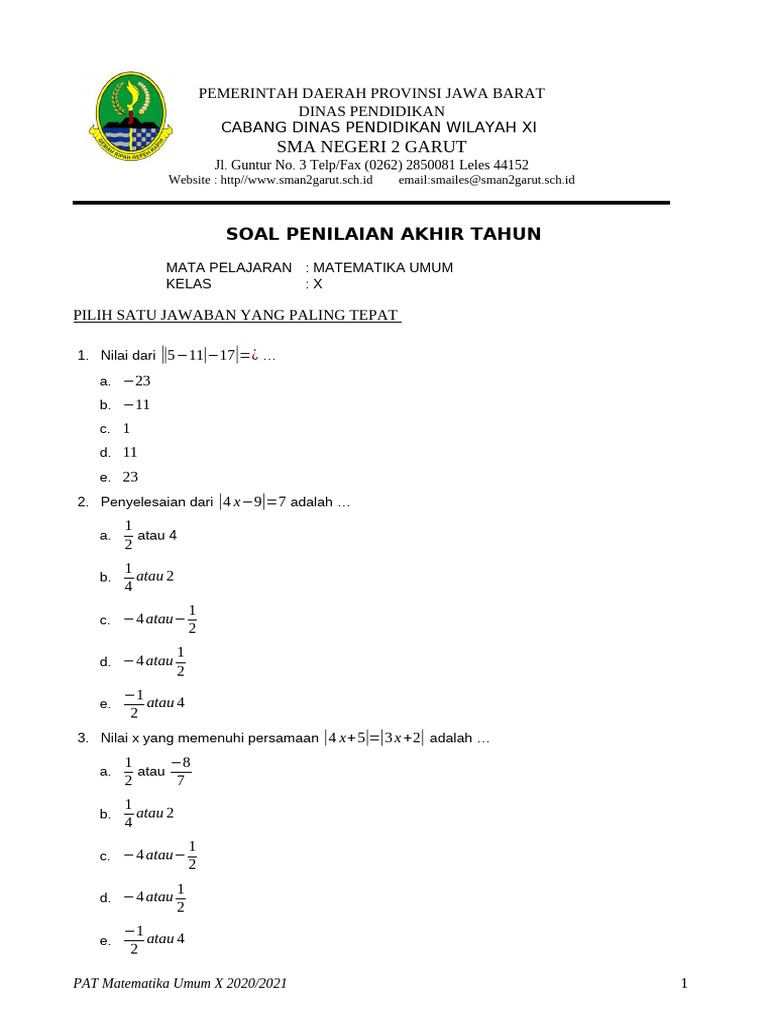 Naskah Soal Pat Matematika Wajib X | PDF