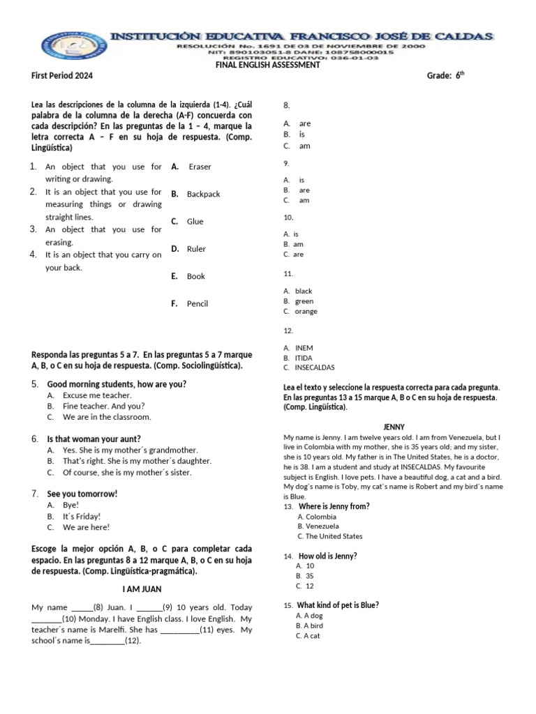 Grade 6 - English Assessment - First Period | PDF