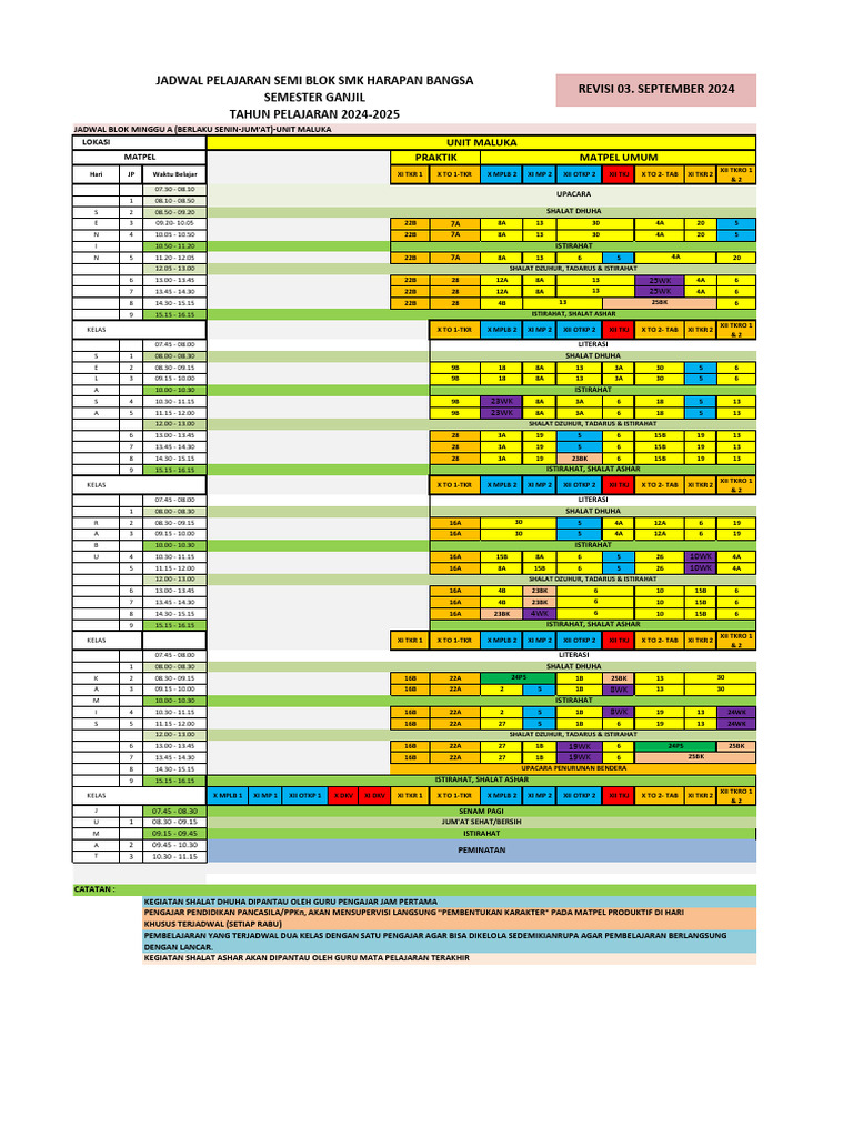 Jadwal Pelajaran Semi Blok Minggu A Semester Ganjil TP 2024-2025.Rev.03-Unit Maluka Baulin | PDF