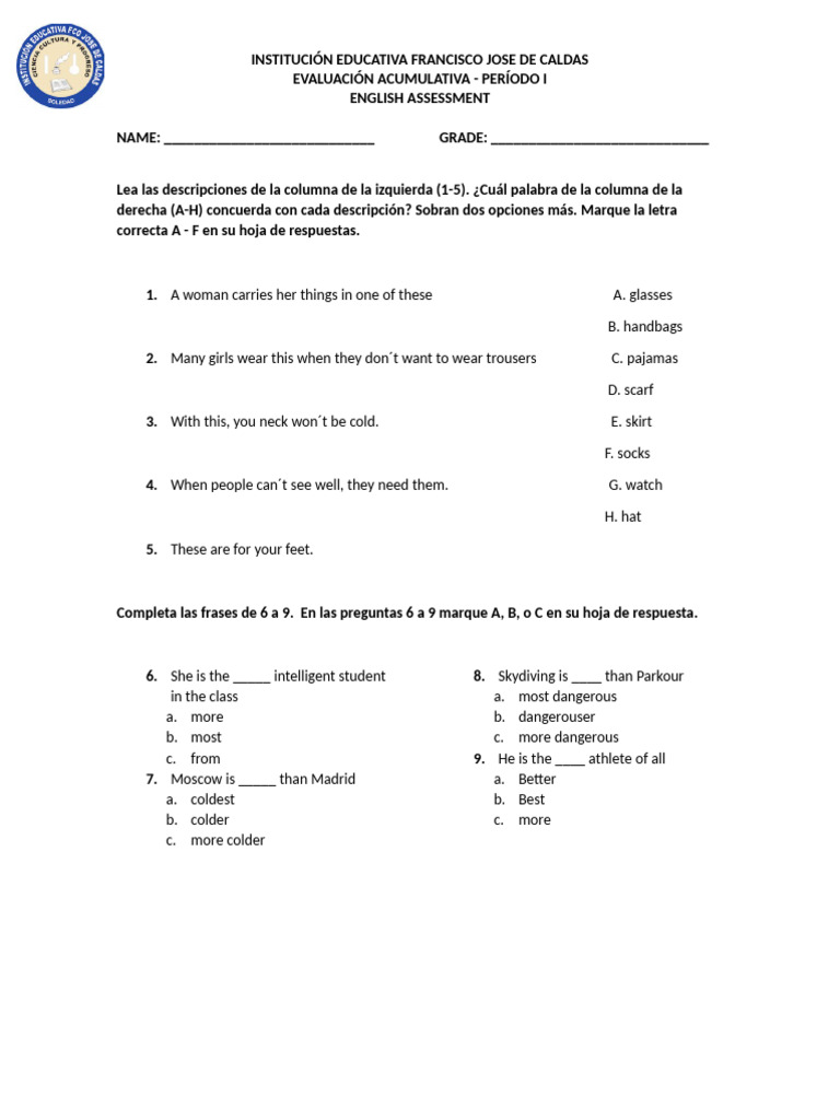 Grade 8 - English Assessment - First Period | PDF | Recreation | Entertainment