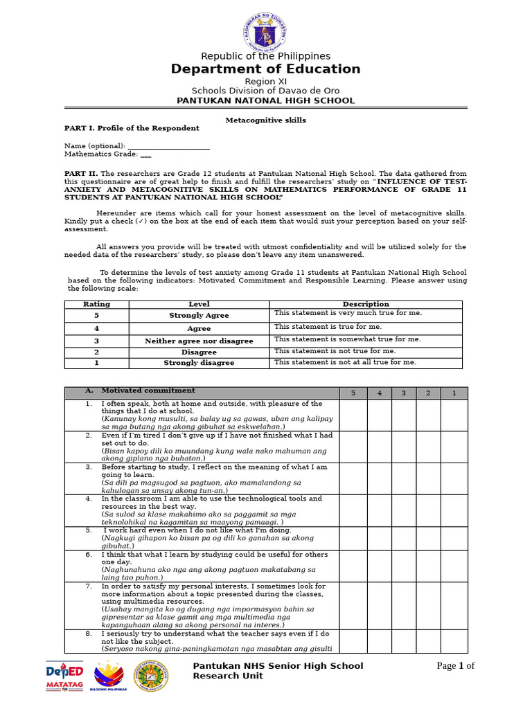 Metacognitive Skills Questionnaire Form | PDF