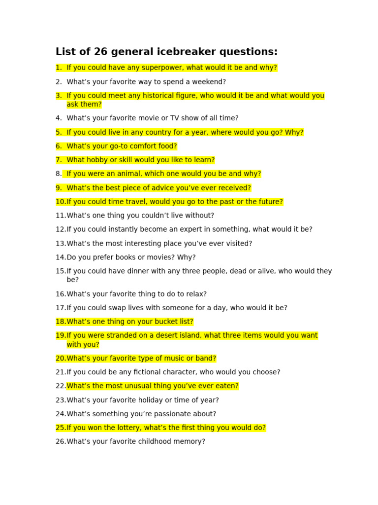 List of 26 General Icebreaker Questions | PDF