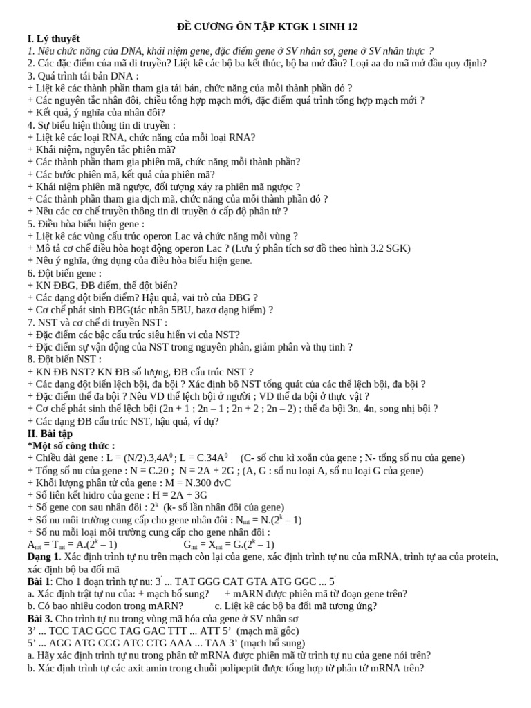 HS - Đề Cương Ôn Tập KTGK 1 Sinh 12 | PDF