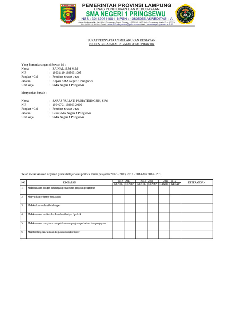 Surat Pernyataan Melakukan Kegiatan KBM | PDF