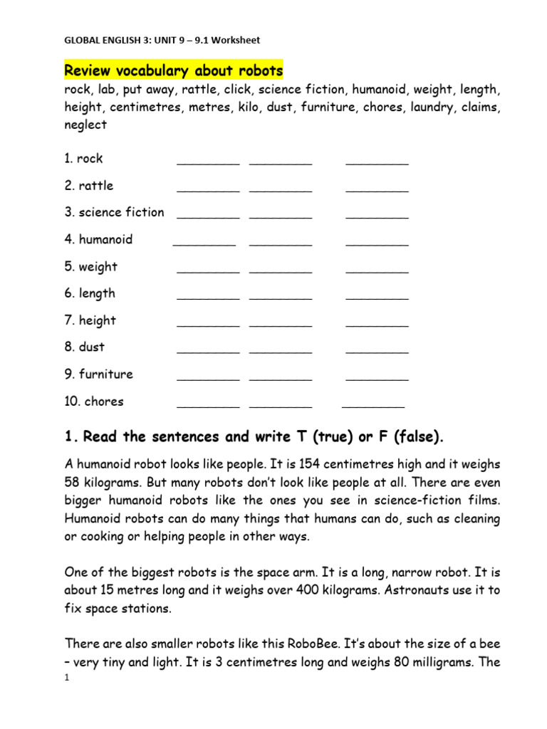 Robotics Vocabulary and Activities Worksheet | PDF | Kilogram | Robot