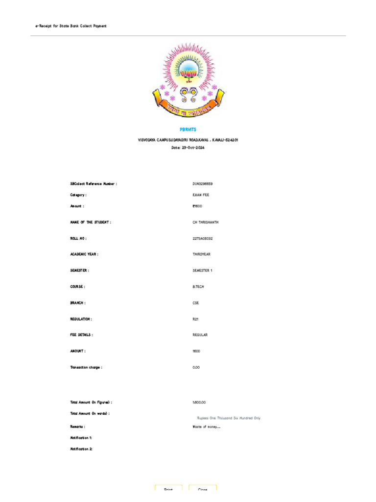 Exam Fee Payment Receipt | PDF