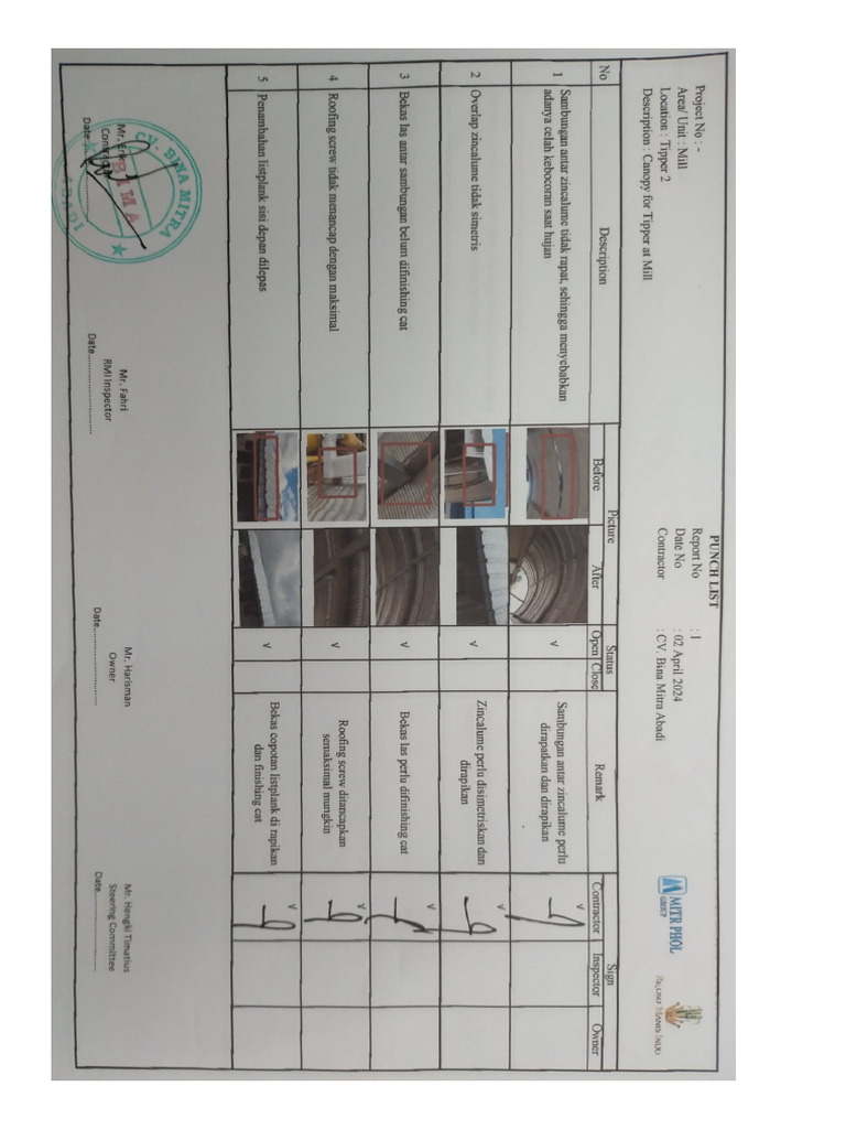 Punch List Canopy Tipper CV BIMA | PDF