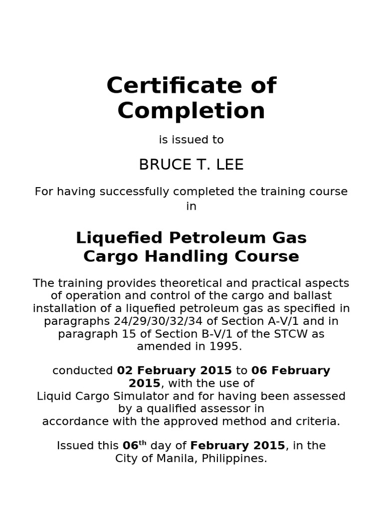 LPG Cargo Handling Course Certificate | PDF