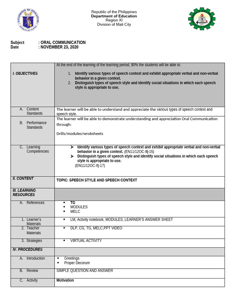 ORAL-COM-LESSON-PLAN | PDF | Learning | Nonverbal Communication