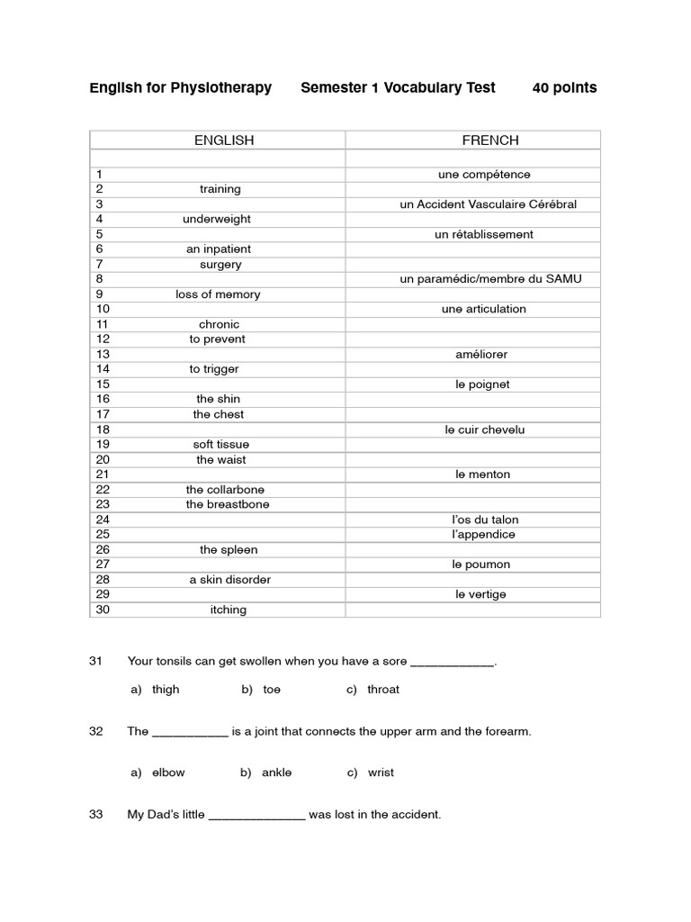 Physiotherapy Vocabulary Test Guide | PDF | Limbs (Anatomy ...
