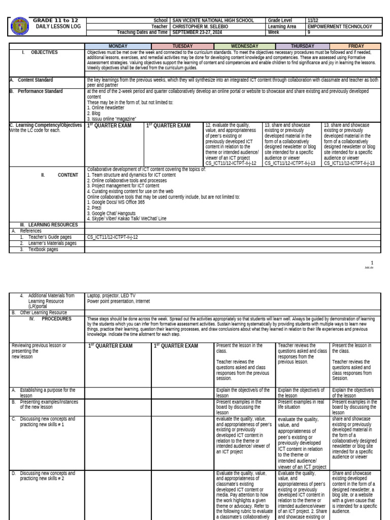 Empowerment Tech Lesson Plan 11-12 | PDF | Educational Technology ...