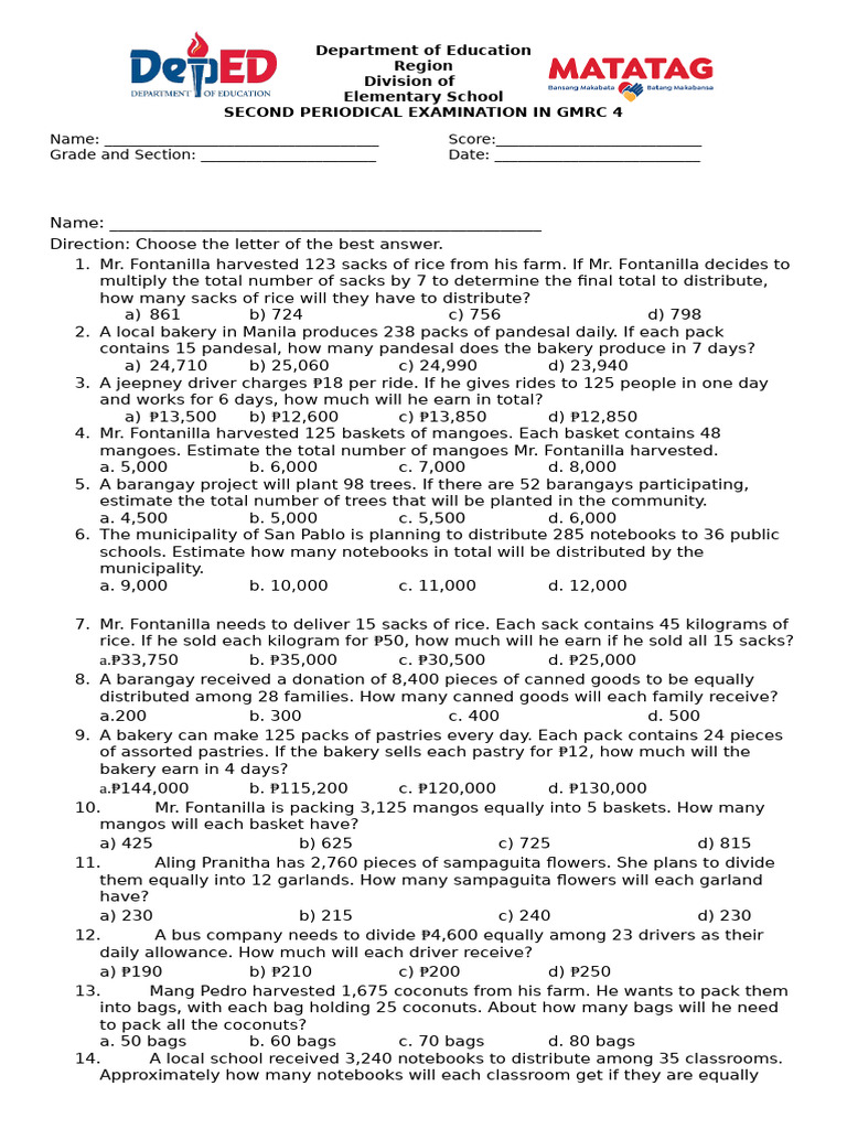 PT - G4 Matatag Mathematics 4 - Q2 | PDF | Mathematics | Arithmetic