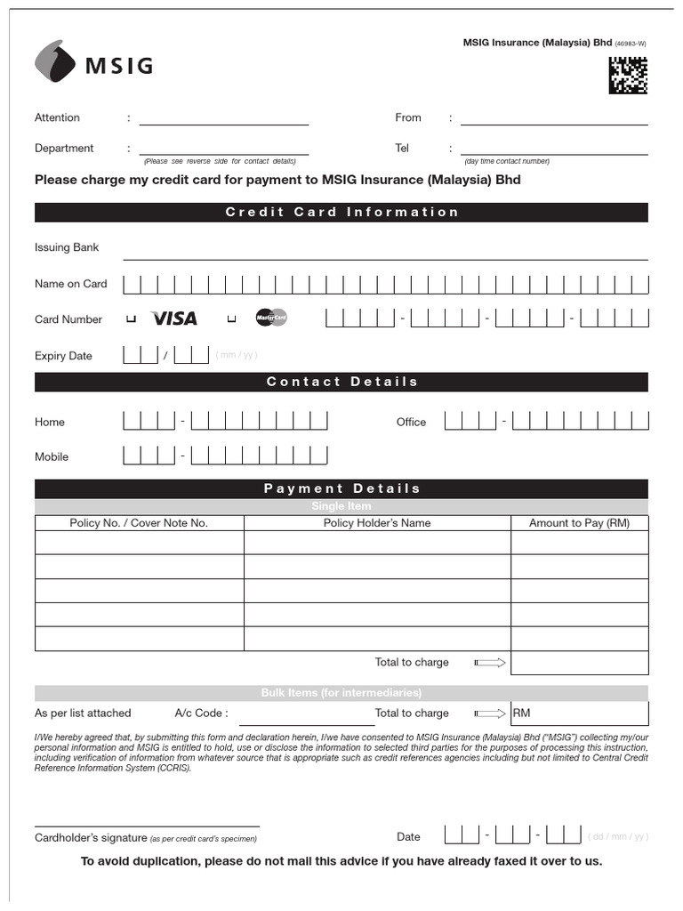 MSIG Credit Card Payment Form | PDF | Credit Card | Payments