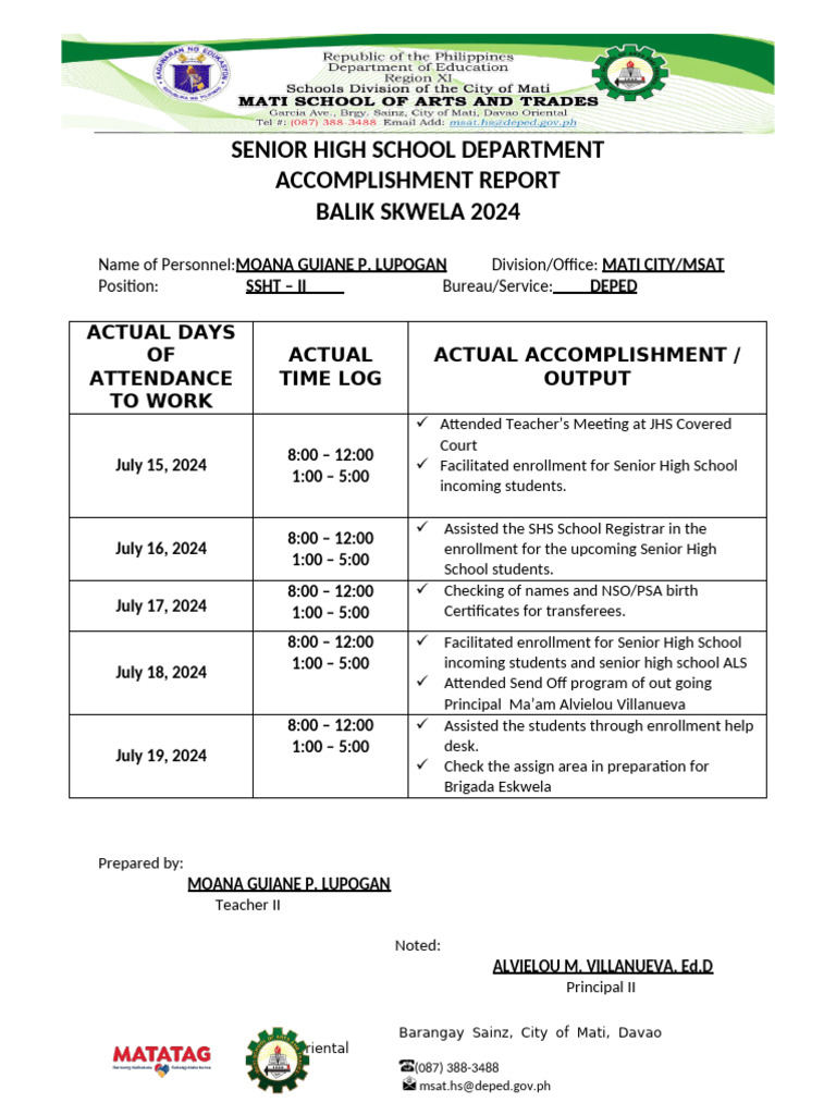 accomplishment-report-DTR Moana | PDF