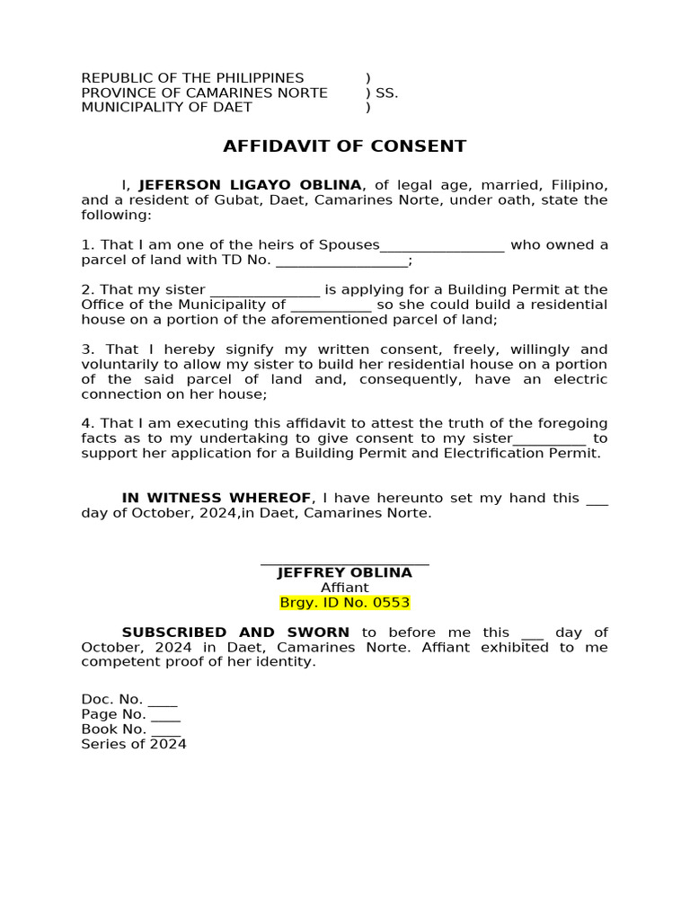 Affidavit of Consent Draft | PDF