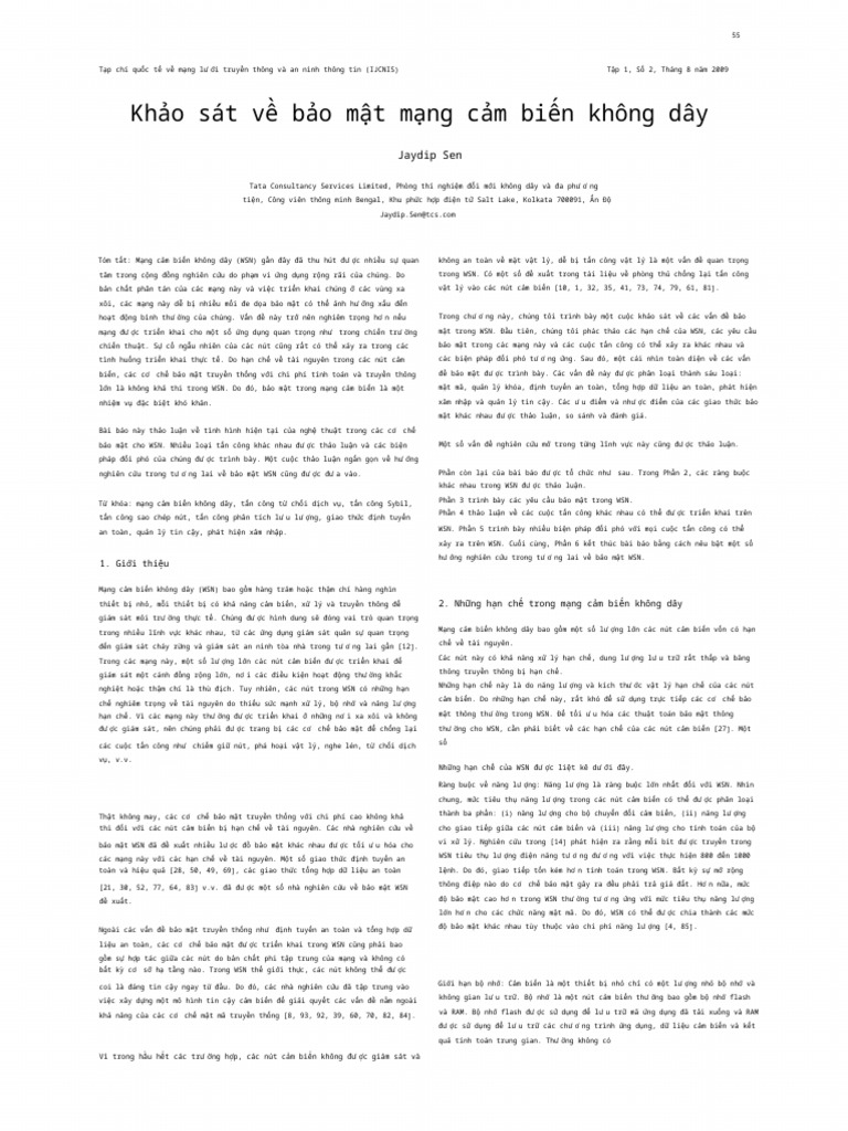 Khảo sát về bảo mật mạng cảm biến không dây: Jaydip Sen | PDF