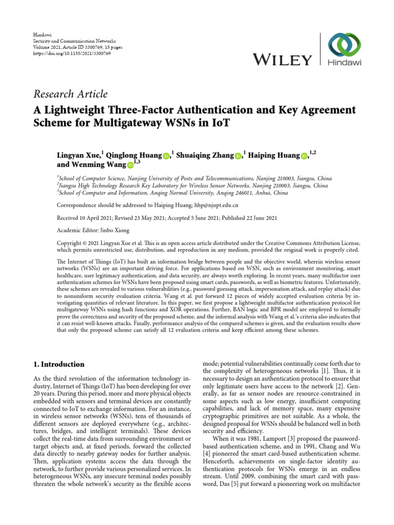 A Lightweight Three-Factor Authentication and Key Agreement | PDF | Wireless Sensor Network ...
