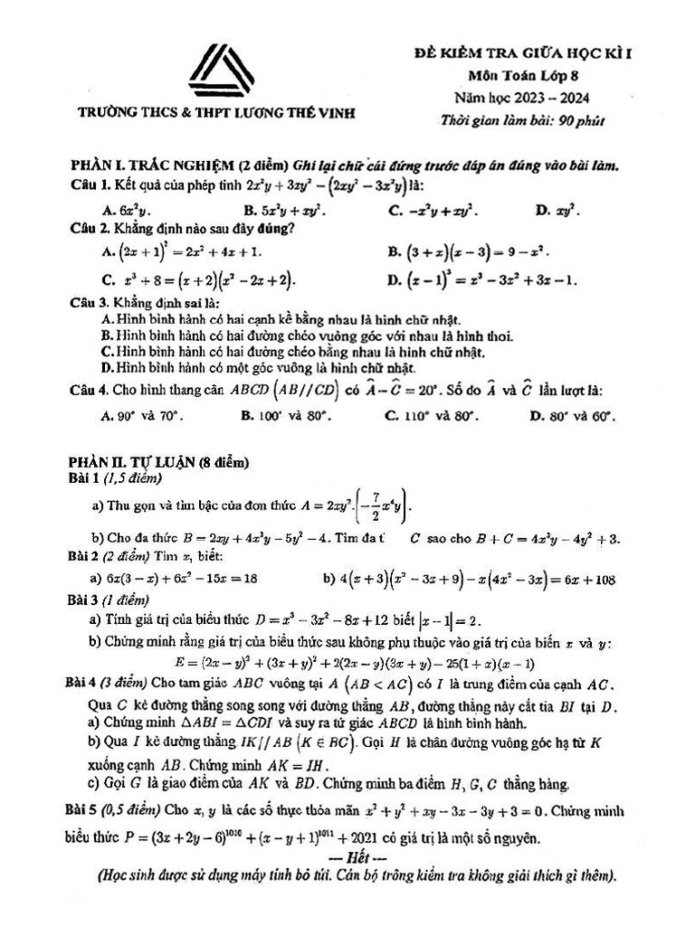 De Giua Hoc Ki 1 Toan 8 Nam 2023 2024 Truong Luong The Vinh Ha Noi | PDF