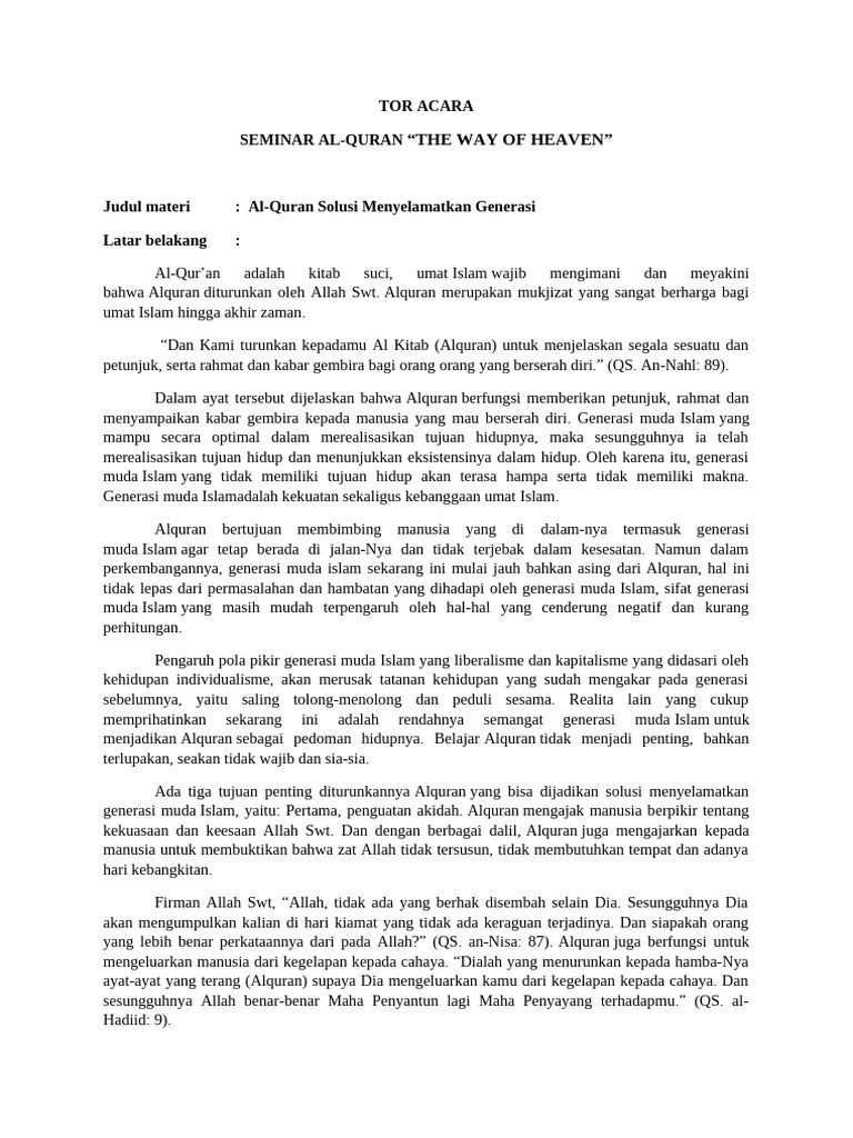 TOR ACARA SEMINAR ALQURAN-Bunda Illiza AlQuran | PDF