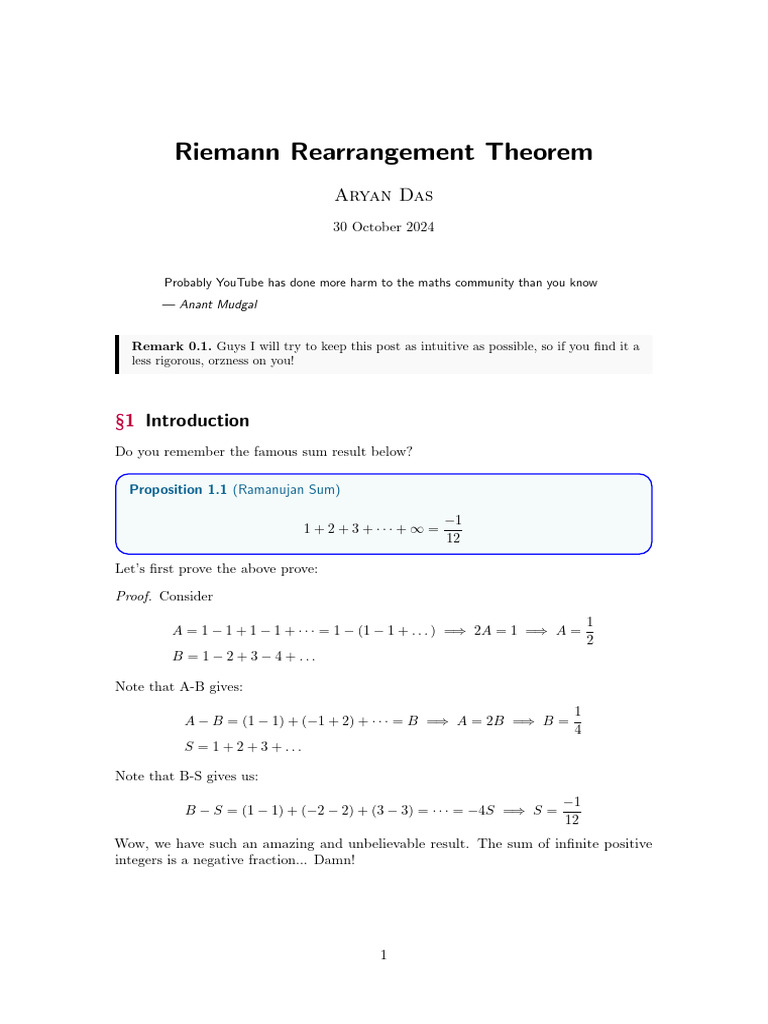 Riemann Rearrangement Theorem | PDF | Limit (Mathematics) | Series ...