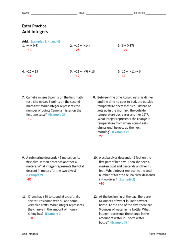 Add Integers Practice Sheet | PDF | Underwater Diving