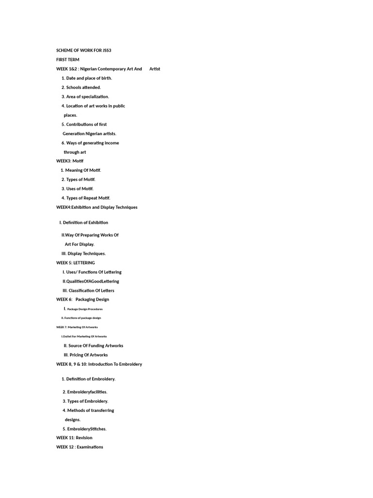 WEEK Full Lesson Plan and Note For jss3 | PDF | Calligraphy | Embroidery