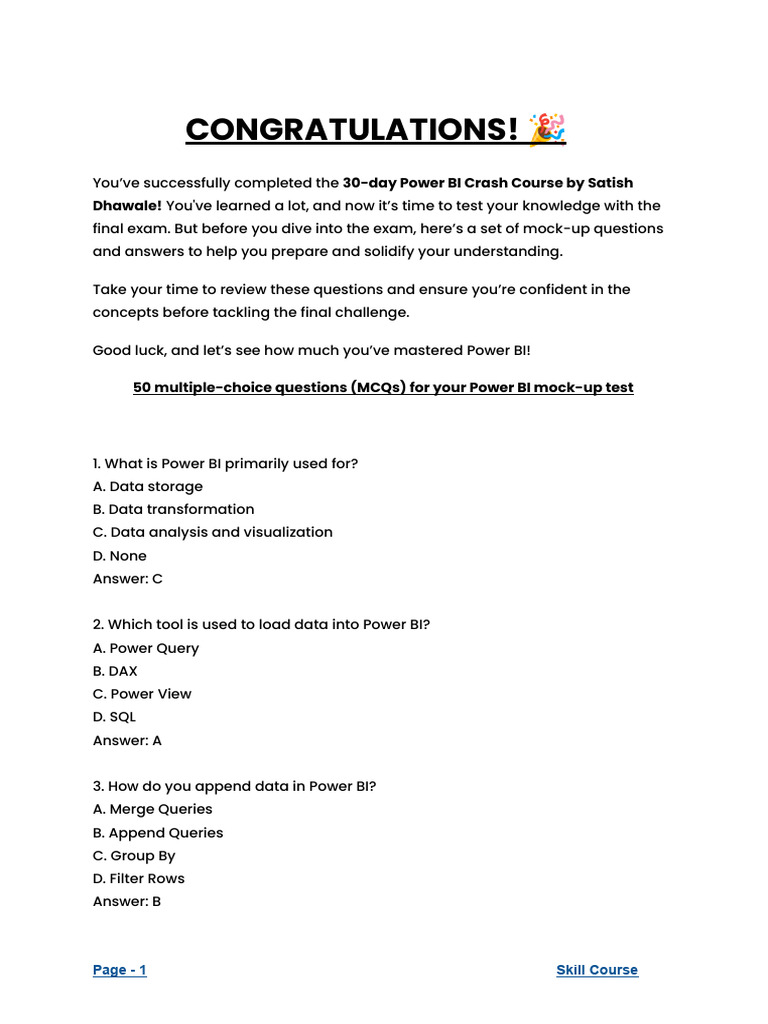 Power BI Mock Exam: 50 MCQs | PDF | Multiple Choice | Chart
