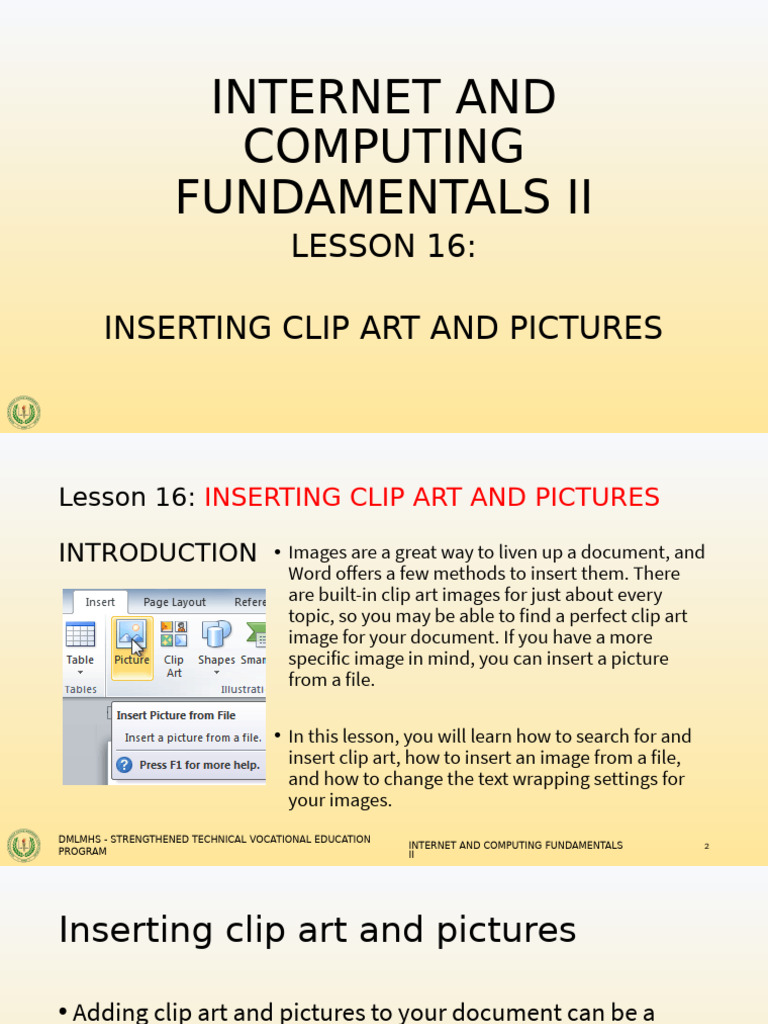 Lesson 16 - Inserting Clip Art and Pictures | PDF | Internet | Computer ...