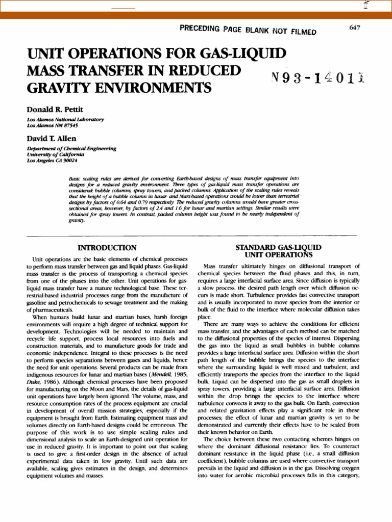 Unit Operations in Reduced Environments - 1601 .: For Gas-Liquid Mass ...
