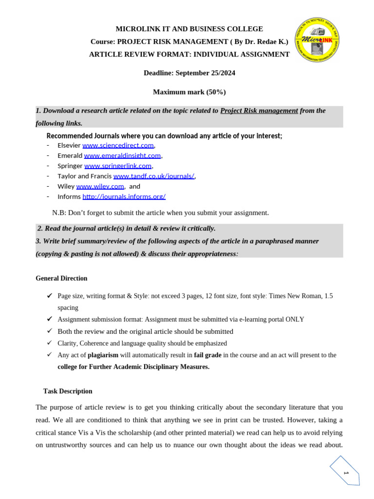 Assignment 1 Project Risk Management | PDF | Academic Publishing