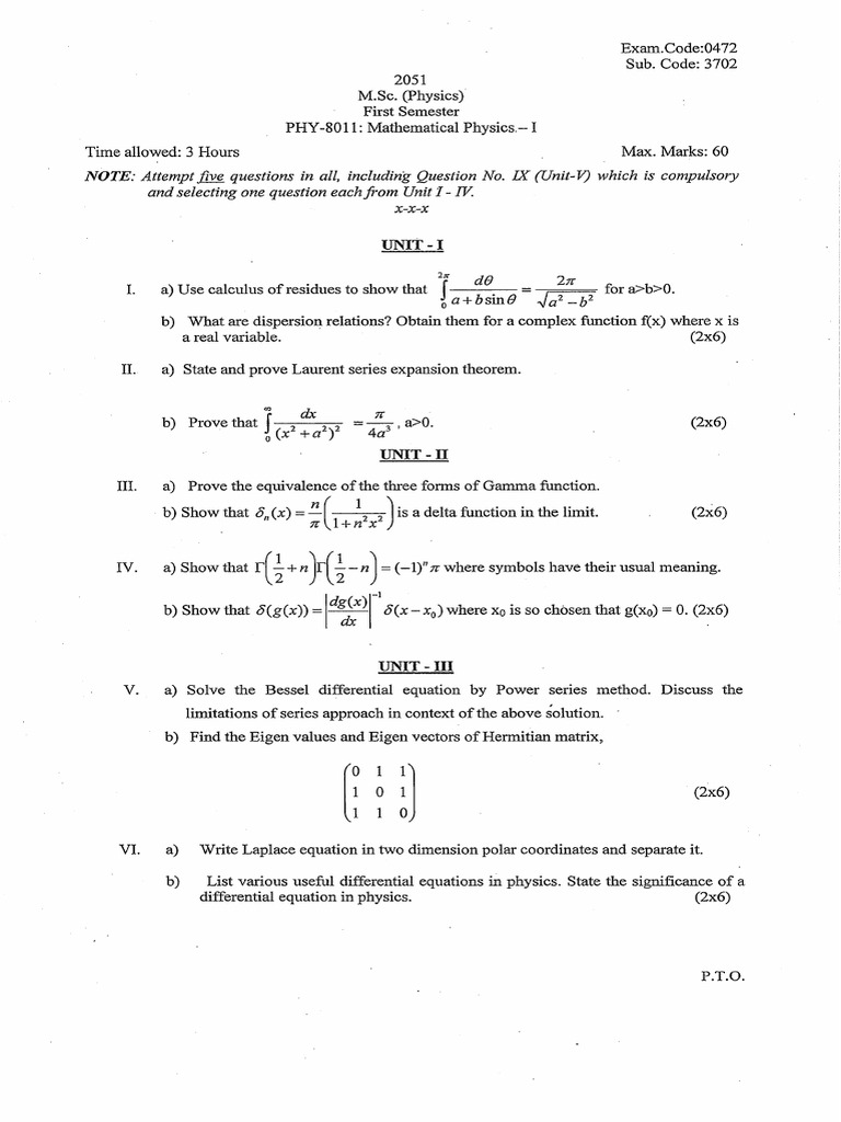 M.SC Physics Sem-I PHY-8011 Mathematical Physics-I Feb 2021 | PDF
