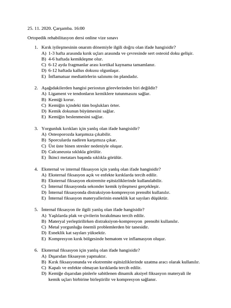 Ortopedik Reh Dersi Online Vize Sınavı 2020 | PDF